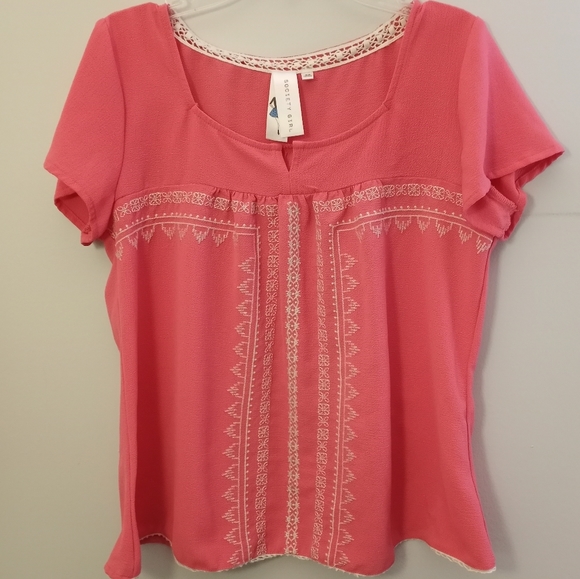 Society Girl | Tops | Society Girl Embroidered Blouse Coral Pink Xs ...